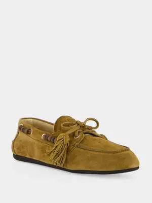 Miu Miu Camel Suede Tassel Deck Shoes - Brown