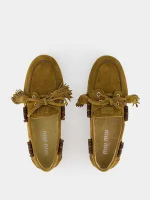 Miu Miu Camel Suede Tassel Deck Shoes - Brown