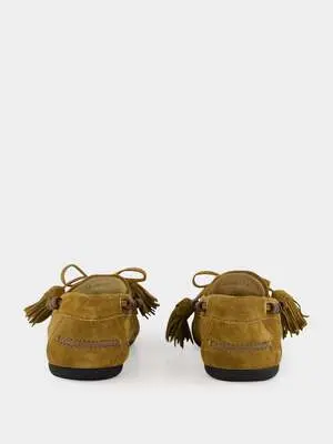 Miu Miu Camel Suede Tassel Deck Shoes - Brown