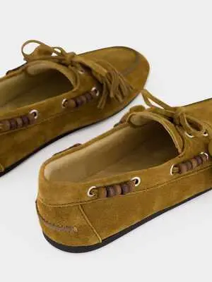 Miu Miu Camel Suede Tassel Deck Shoes - Brown