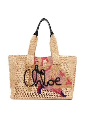 Chloé Raffia Tote Bag With Appliqu - Multicolor