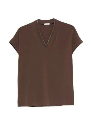 Brunello Cucinelli Cotton V-neck T-shirt With Monili Trim - Multicolor