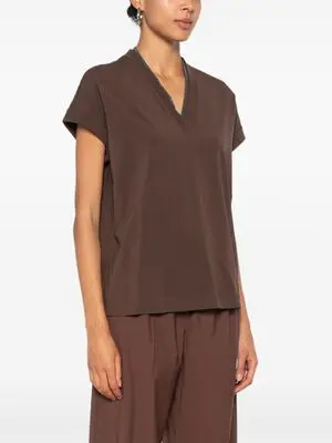 Brunello Cucinelli Cotton V-neck T-shirt With Monili Trim - Multicolor