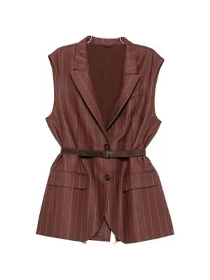 Brunello Cucinelli Sleeveless Wool Vest With Pinstripe Pattern And Leather Belt - Multicolor