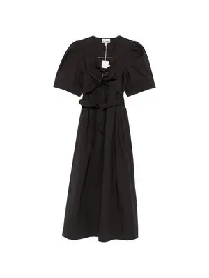 GANNI Black Organic Cotton Midi Dress With Bow Detail - Multicolor