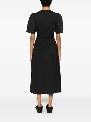 GANNI Black Organic Cotton Midi Dress With Bow Detail - Multicolor
