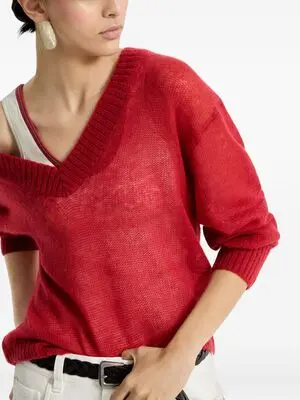 Brunello Cucinelli Red Ribbed Knit V-neck Jumper - Multicolor