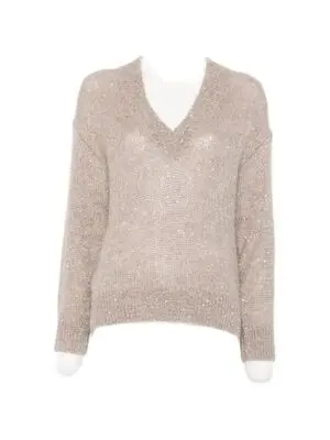 Brunello Cucinelli V-neck Sequin Embellished Wool Blend Sweater - Multicolor