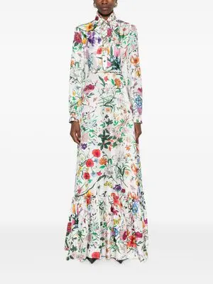 Gucci Floral Print Silk Button-up Long Sleeve Dress