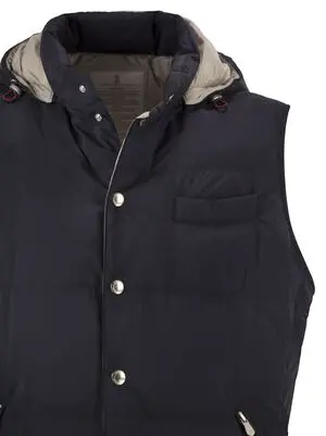 Brunello Cucinelli Padded Hooded Gilet In Technical Fabric - Blue