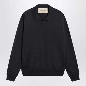 Valentino Garavani Wool Polo Shirt With Vlogo Embroidery In Anthracite - Gray