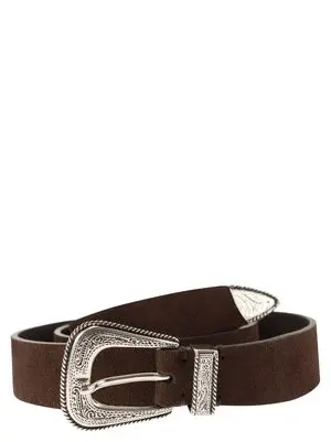 Brunello Cucinelli Suede Leather Belt With Engraved Western Buckle - Brown