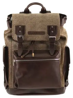 Brunello Cucinelli Textured Herringbone Backpack With Leather Trims - Brown
