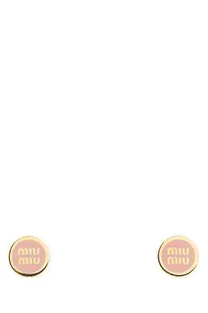 Miu Miu Gold Metal Stud Earrings With Logo Motif - Pink
