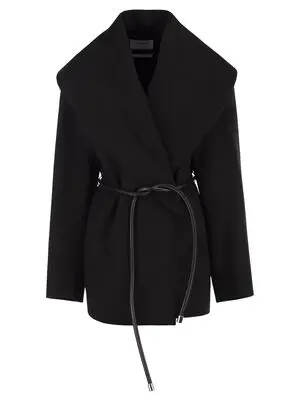 Sportmax Virgin Wool Wrap Short Coat With Shawl Collar - Black