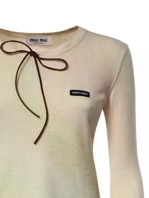 Miu Miu Cotton Waffle-knit Long-sleeve T-shirt With Bow Detail