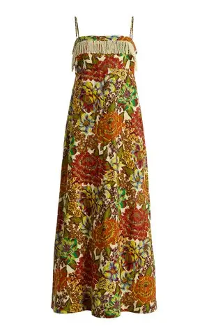 ALEMAIS ALÉMAIS Lana Fringed Floral Linen Midi Dress