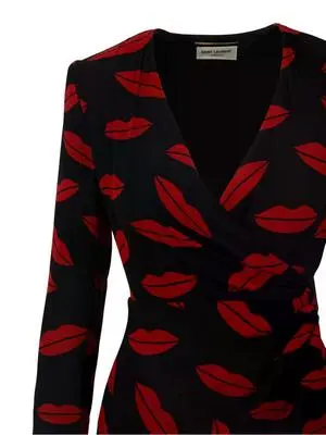 Saint Laurent Silk Lips Print V-neck Wrap Dress
