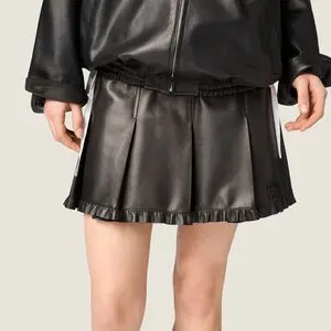 Miu Miu Pleated Nappa Leather Midi Skirt With Ruffle Hem