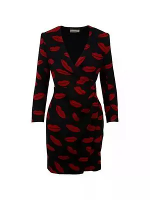 Saint Laurent Silk Lips Print V-neck Wrap Dress
