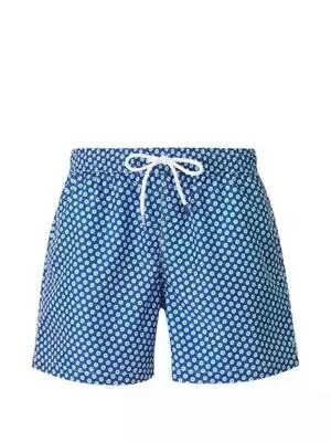 Fedeli Drawstring Swim Shorts With Floral Motif - Blue