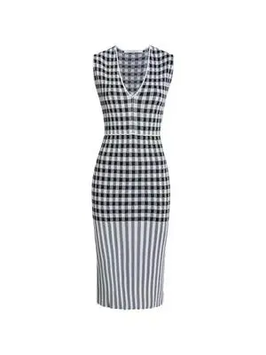 Another Tomorrow Gingham Knit V-neck Dress - White