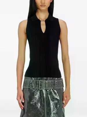 DIESEL® Sleeveless Rib-knit Silk Blend Polo Top With Oval D Plaque