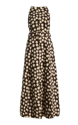 ALEMAIS Paula Belted Printed Linen Midi Dress - Brown