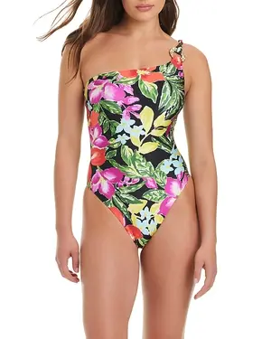 Red Carter One Shoulder O Ring One Piece Swimsuit - Black Multi