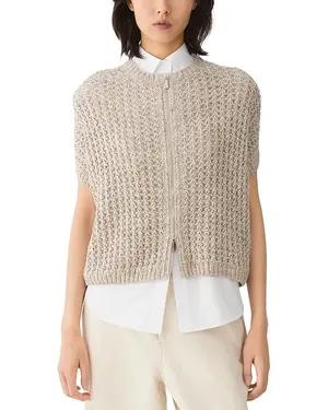 Lafayette 148 New York Flax Linen Cotton Open Knit Zip-up Vest - Sandstone