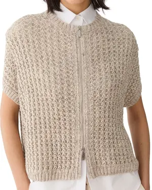 Lafayette 148 New York Flax Linen Cotton Open Knit Zip-up Vest