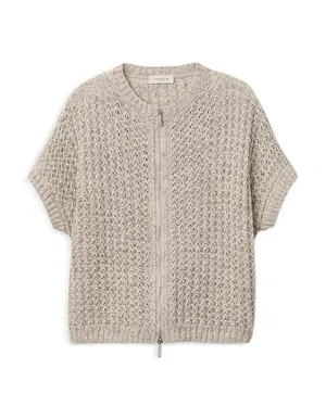 Lafayette 148 New York Flax Linen Cotton Open Knit Zip-up Vest