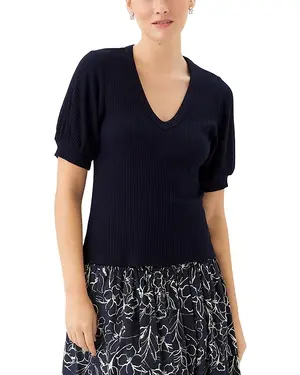 Karen Kane Ribbed Puffed Sleeve Top - Navy
