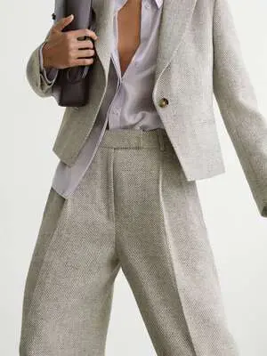 REISS Ezra Petite Herringbone Linen-blend Cropped Suit Blazer