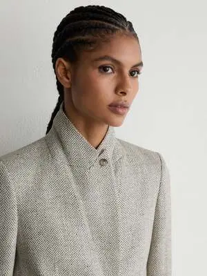 REISS Ezra Petite Herringbone Linen-blend Cropped Suit Blazer