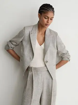 REISS Ezra Petite Herringbone Linen-blend Cropped Suit Blazer