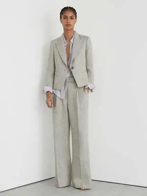 REISS Ezra Petite Herringbone Linen-blend Cropped Suit Blazer - Neutral