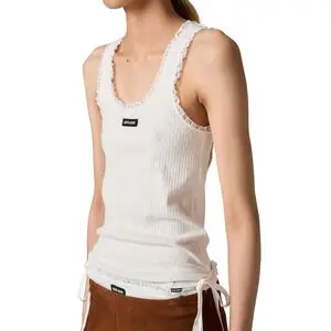 Miu Miu Cotton Ribbed Tank Top With Lace Trim
