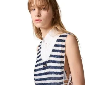 Miu Miu Striped Knit Cropped Top With Jacquard Logo