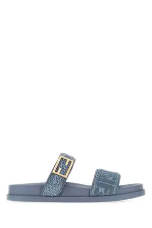Fendi Raffia Feel Slippers With Buckle Detail - Blue