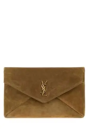 Saint Laurent Camel Suede Large Envelope Clutch - Brown