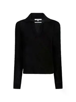 Another Tomorrow Crochet Knit Polo Sweater - Black