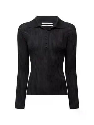 Another Tomorrow Ribbed-knit Polo Top - Black