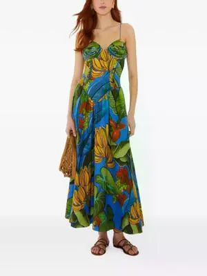 Farm Rio Banana Grapes 3d Bodice Sleeveless Maxi Dress - Blue