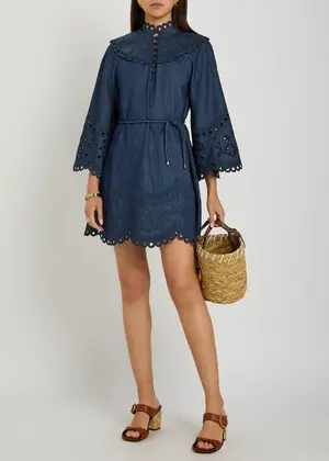 Zimmermann Mohon Broderie Anglaise Denim Mini Dress