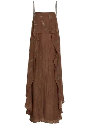 Staud Valencia Bead-embellished Crinkled Plissé Maxi Dress - Brown