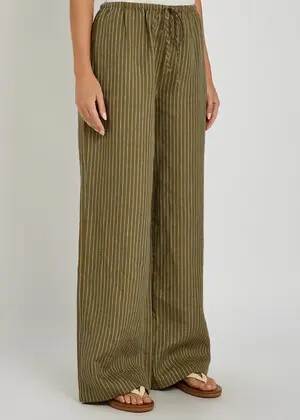 Staud Mateo Striped Linen Trousers - Green