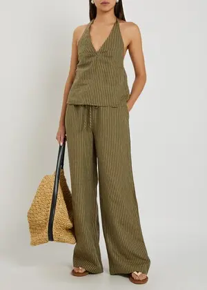 Staud Mateo Striped Linen Trousers - Green