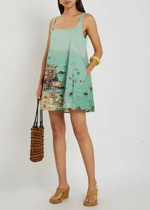 Staud Brio Printed Square Neck Stretch-cotton Mini Dress