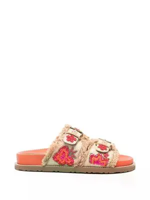 CORAL BLUE Floral Embroidered Fringed Sandals - Orange